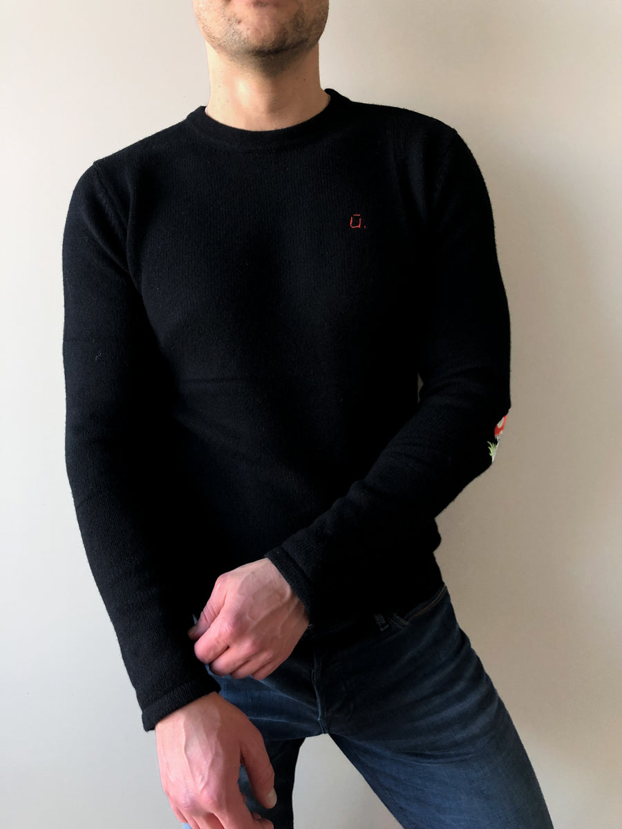 Mens merino wool sweater with statement elbow patches